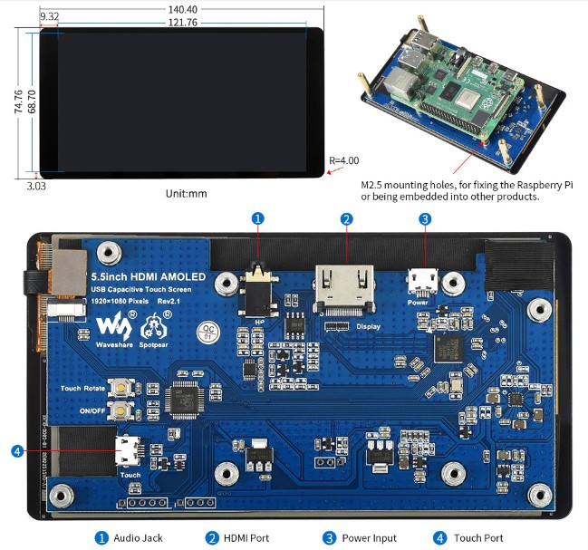 Waveshare 5.5inch AMOLED Dokumatik Ekran, Kapasitif, 1080×1920, HDMI, 16103 - Robot Sepeti
